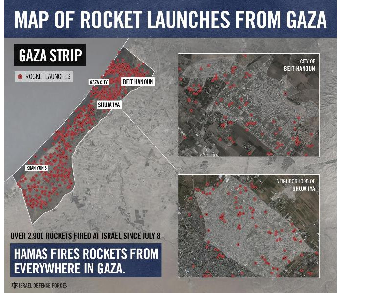 Map of rocket launches from Gaza